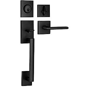 Berlin Modisch HandleSet Front Door Entry Handle and Deadbolt Lock Set Slim Square Single Cylinder Deadbolt and Lever Reversible for Right & Left Sided Doors Heavy Duty – Iron Black Finish