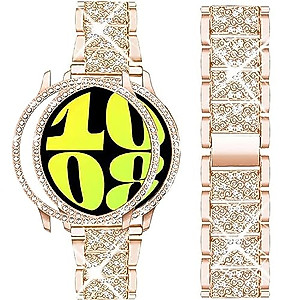 Mosonio Compatible with Samsung Galaxy Watch 6 Band 40mm, 20 mm Black Bling Galaxy Watch Band with 40 mm Cover Case for Women, Jewelry Metal Wristband for Samsung Galaxy Watch 6（Rose Gold,40 mm）