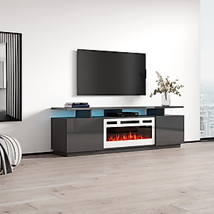 Eva-KWH Fireplace TV Stand for TVs up to 80", Modern High Gloss 71" Entertainment Center, Electric Fireplace TV Media Console with Storage Cabinets and LED Lights