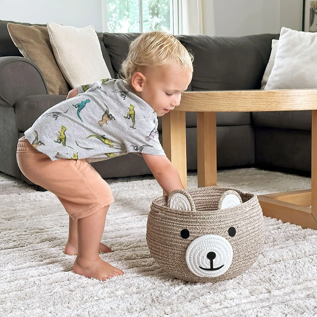 CherryNow Baby Basket for Nursery, Bear Gift Baskets for Kids, Baby Shower Basket with Handles, Small Cute Animal Baskets, Light Brown, 10.5"D x 8.5"H