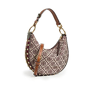 Tory Burch Women's T Monogram Jacquard Studded Mini Crescent Bag, Claret, Red, Print, One Size