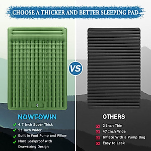 NOWTOWIN Double Sleeping Pad, 4.7 Inch Extra Thick Comfort Sleeping Mat for Backpacking Hiking Outdoor, Queen Camping Air Mattress with Built in Foot Pump, Compact Inflatable Camping Mat with Pillow