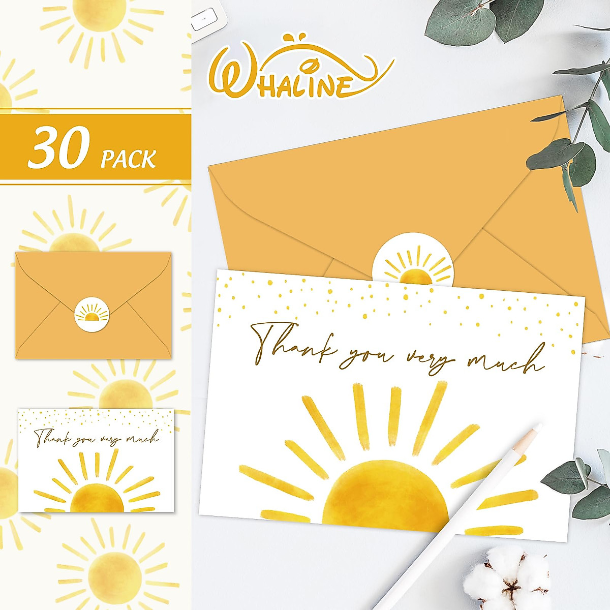 Whaline 30 Pack Baby Shower Thank You Cards with Envelopes Stickers Boho Sun Greeting Cards Sunshine Blank Note Cards for Baby Shower Birthday Wedding Party Supplies, 4 x 6 Inch