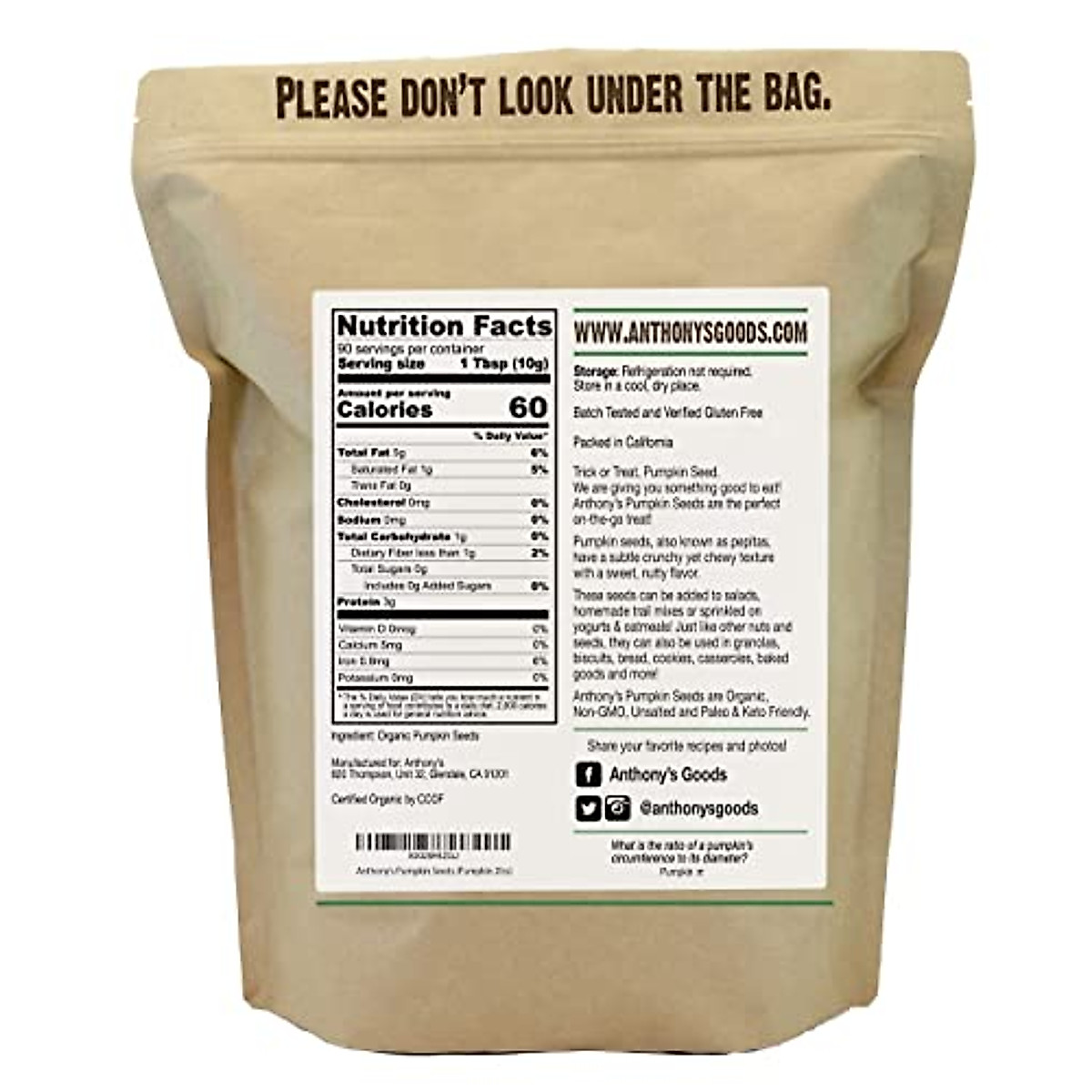 Anthony's Organic Pumpkin Seeds, 2 lb, Gluten Free, Non GMO, No Shell, Unsalted, Raw