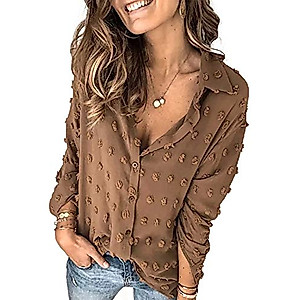 Astylish Womens Soft Cuffed Sleeve Pompom Collar Shirts Long Plus Size Button Down Blouse Tops Brown Small
