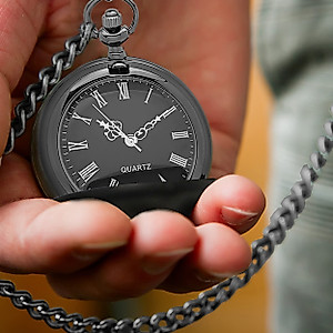 My Personal Memories, Personalized Gunmetal Gray, Black or Silver Quartz Pocket Watch with Chain - Groomsmen Wedding Party - Engraved (Matte Black)