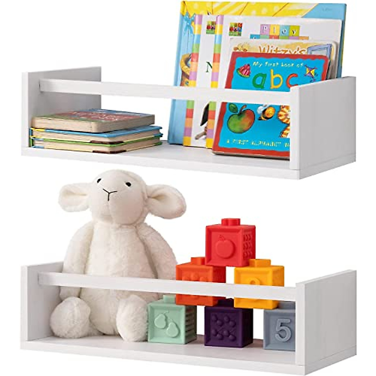 BESSLEE Floating Book Shelves for Kid’s Room, Minimalist Nursery Wall Décor Toddler Storage Natural Wood, 16” Long Bathroom Bedroom Living Room Office Hanging Organizer, Set of 2, Classic White