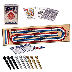 Cribbage Board by Bicycle 3-Track Colour Coded Real Pine Wood Cribbage Game with Deck of Bicycle Cards and Premium Metal Cribbage Pegs