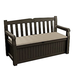Keter Eden 70 Gallon Storage Bench Deck Box for Patio Furniture, Front Porch Decor and Outdoor Seating – Perfect to Store Garden Tools and Pool Toys,Brown / Brown