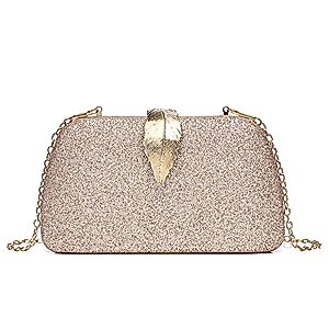 LOXOMU Evening Clutch Purses for Women, Small Glitter Wedding Purse, Wedding Clutches Handbags with Detachable Chain for Prom, Party (Gold Shimmer)