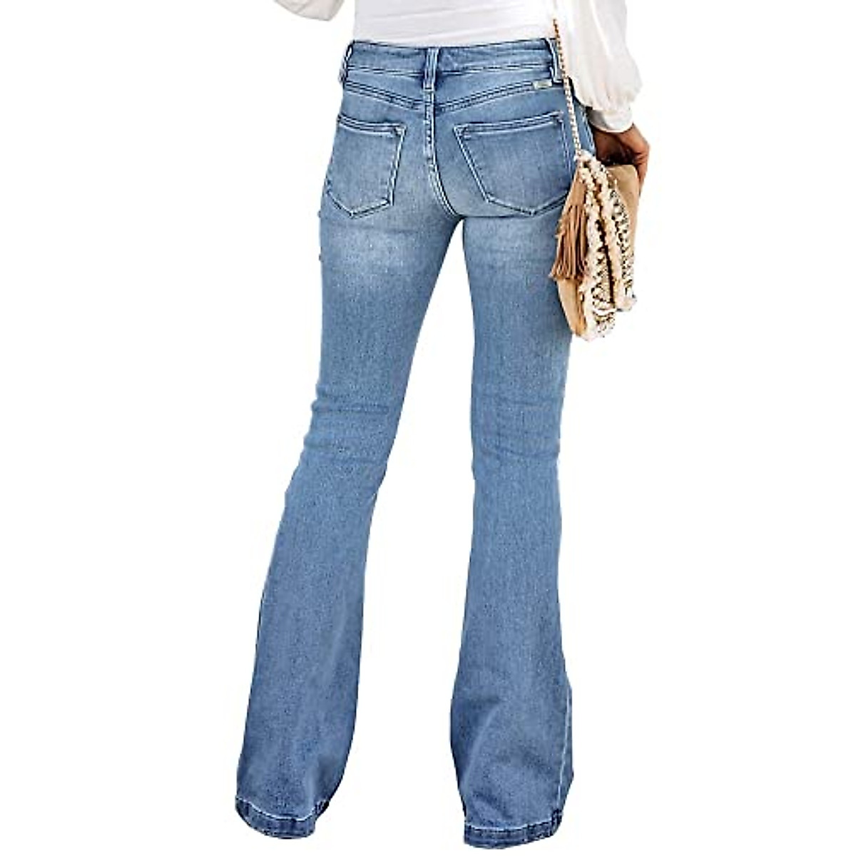 Utyful Women's High Waist Button Fly Ripped Jeans Stretchy Flare Denim Jeans Bell Bottom Pants Button Fly- Light Blue Medium