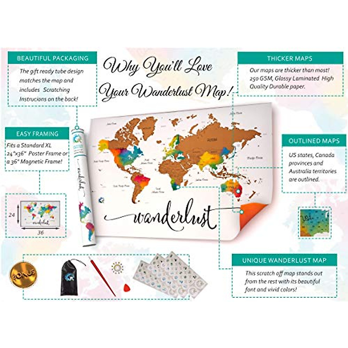 Scratch Off Map of The World | Deluxe Watercolor Wanderlust Edition | XL Size 36"x 24" | Easy to Frame | Beautiful Wall Art | Perfect Travel Gift | Includes Scratch Off Tools