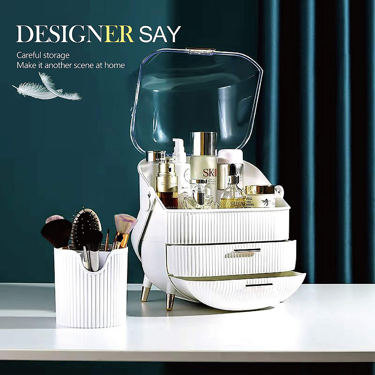 KOSA Large Makeup Organizer,Travel Makeup Case,Clear Cosmetic Storage Organizer,Looks Elegant Sitting on Your Vanity, Bathroom Counter or Dresser. Clear Design for Easy Visibility.(White)