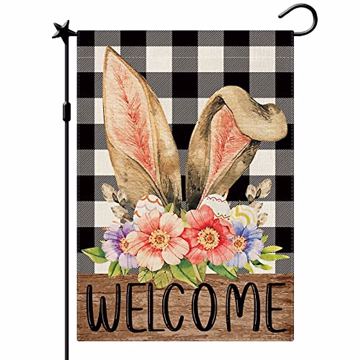 CMEGKE Easter Garden Flag, Easter Buffalo Plaid Bunny Ear Garden Flag, Spring Summer Garden Flag Rustic Vertical Double Sided Burlap Welcome Easter Rabbit Floral Holiday Party Farmhouse Yard Home Outside Decor 12.5 x 18 In