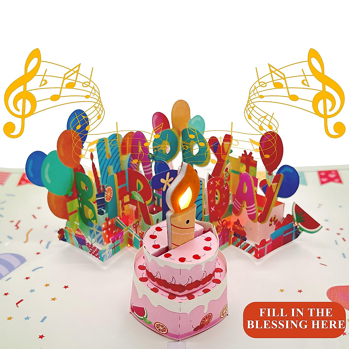YIXIN - Personalized 3D Pop-Up Birthday Card with LED Lights and Music, Includes Envelope