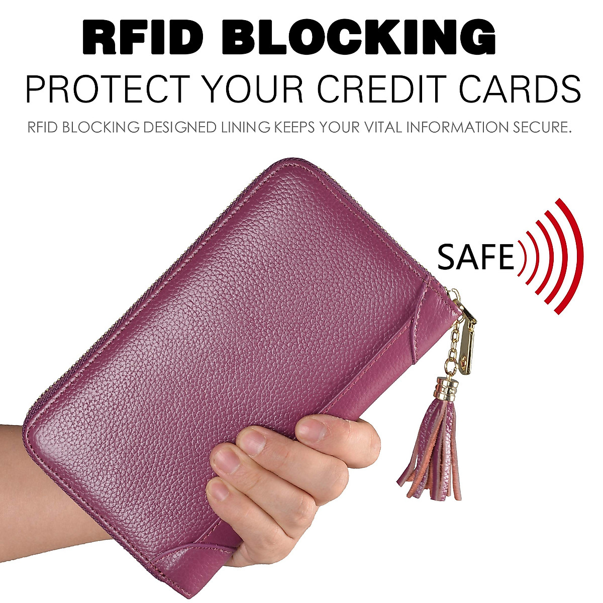 Easyoulife Credit Card Holder Wallet Womens Zipper Leather Case Purse RFID Blocking (Purple)