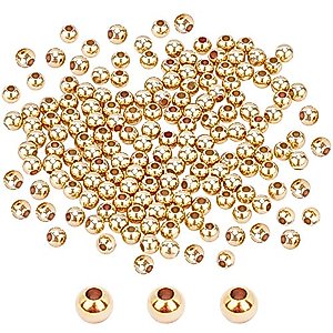 PH PandaHall 300pcs 4mm 14K Gold Plated Brass Beads Long-Lasting Round Smooth Spacer Beads Seamless Loose Ball Beads Gold Metal Beads for Summer Hawaii Stackable Necklace, Bracelet, Earring Making