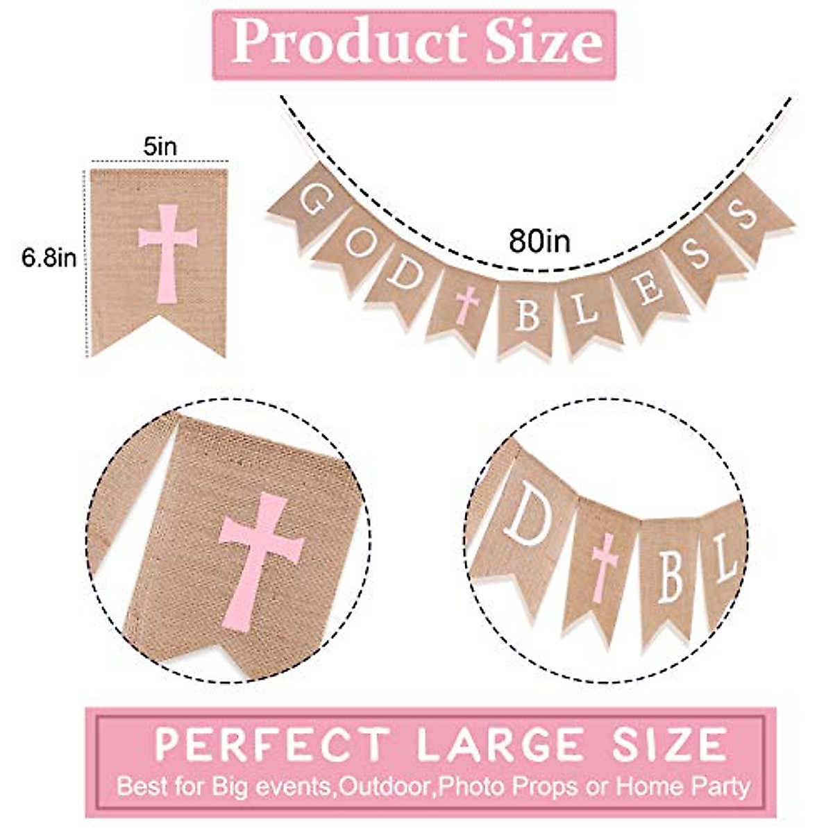 WAWOO God Bless Banner - First Communion Decoration, Baptism Decor,God Bless Decoration,Photo Props Crosses,1st Communion Party (Pink GOD Bless)