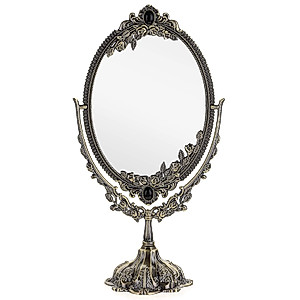 JUXYES Metal Tabletop Antique Decorative Makeup Mirror with Stand, Vintage Swivel Double Sided Cosmetic Mirror with Frame, Retro Desktop Oval Dressing Mirror for Bathroom Bedroom