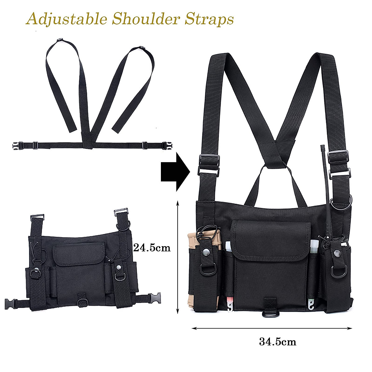 Chest Rig Bag Utility Vest Multi-Pocket Chest Bag for Men Hands Free Radio Front Pack Pouch Hip Hop Chest Pack Functional Tactical Harness for Women Running Exercise Hiking Camping (Black, Size L)