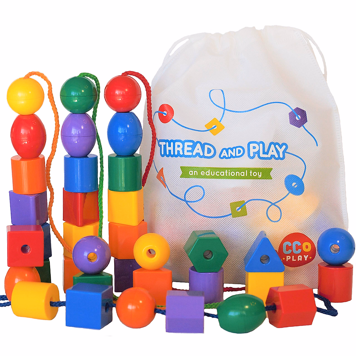CC O Play Large Lacing Bead Set for Kids - 36 Jumbo Beads & 4 Threads for Toddlers - Montessori Educational Stringing Toy for Preschool Children - Bonus Bag & Ebook with Primary Resources