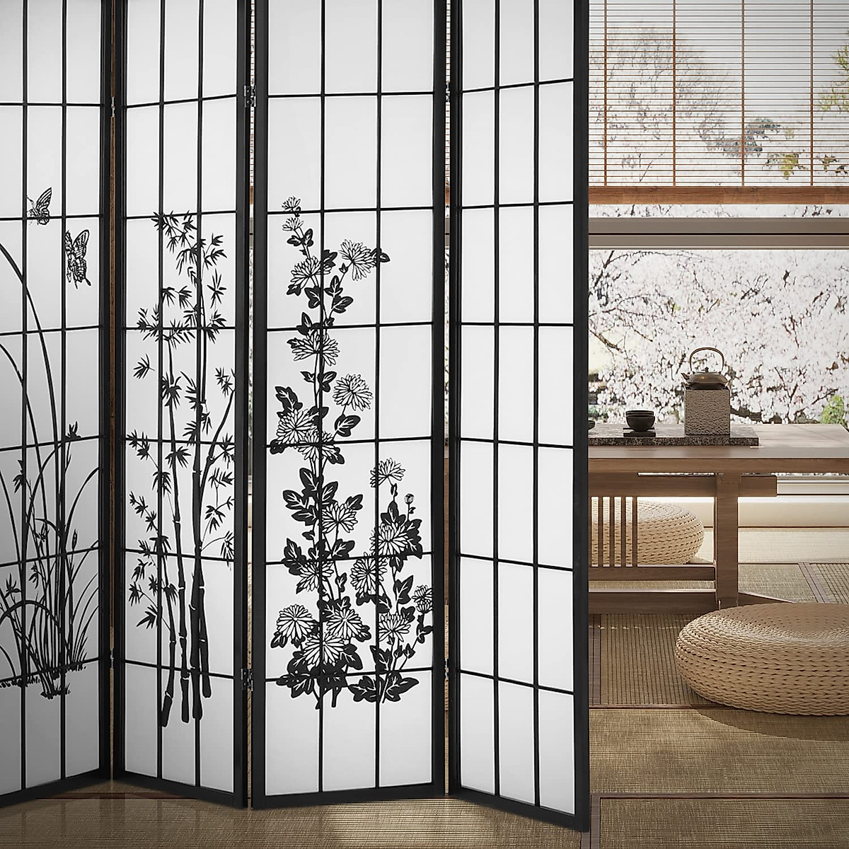 MoNiBloom 6-Panel Divider for Room Separation 5.7ft Oriental Gentlemen-Among-Flowers Pattern Room Partitions and Dividers, Freestanding Home Office Privacy Screens Dressing Screen Folding Panels