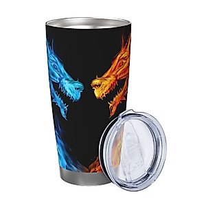 Groamaup 20oz Dragon Stainless Steel Insulated Tumbler with Lid and 3pcs Straw Sets, Water and Fire Car Cup for Cold and Hot Drinks, Coffee Mug for Travel Office and Home Use