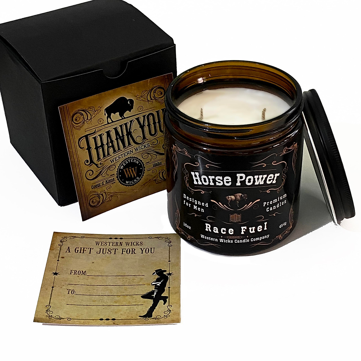 Western Wicks Candles for Men, Race Fuel Scent, 16oz jar candle, double wick