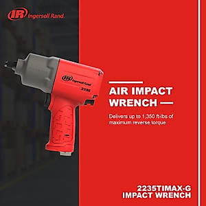Ingersoll Rand 2235TiMAX-R 1/2" Drive Air Impact Wrench, Lightweight 4.6 lb Design, Powerful Torque Output up to 1,350 ft-lbs, Titanium Hammer Case, Max Control, Red