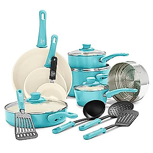 GreenLife Soft Grip Healthy Ceramic Nonstick 16 Piece Kitchen Cookware Pots and Frying Sauce Pans Set, PFAS-Free, Dishwasher Safe, Caribbean Blue