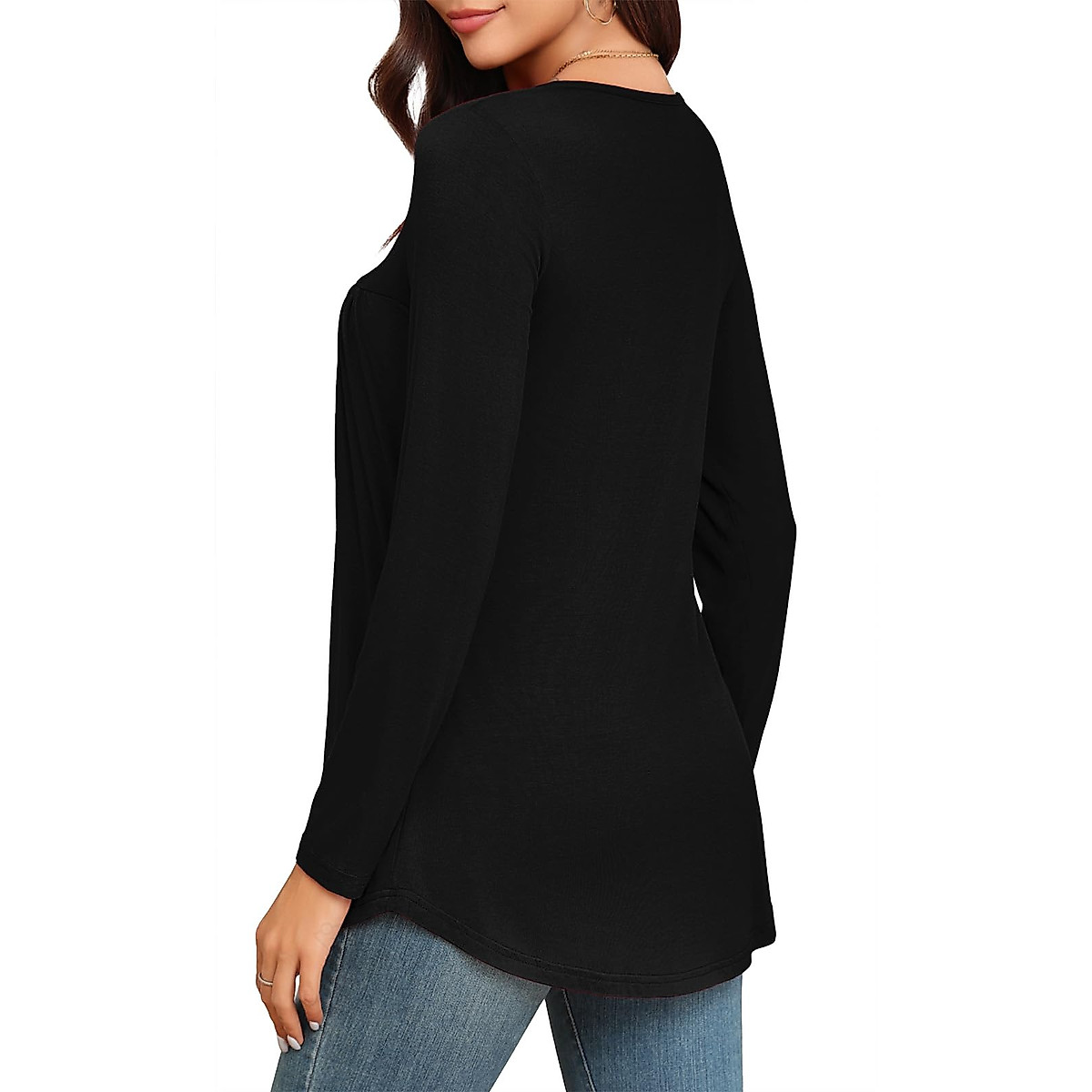 LAOLASI Womens Black Long Sleeve Tunic Tops V Neck Casual Dressy Shirts Loose Fashion Blouses Fall Winter Tops For Women,XL