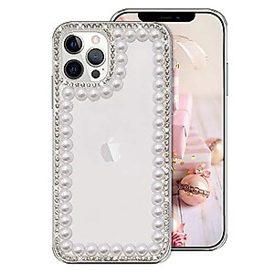 Guppy for iPhone 12 Pro Max Women Girls Bling Diamond Pearl Case Luxury Glitter Handmade Rhinestones Soft Silicone Rubber Sparkly Shiny Protective Cover Case for iPhone 12 Pro Max 6.7" Clear