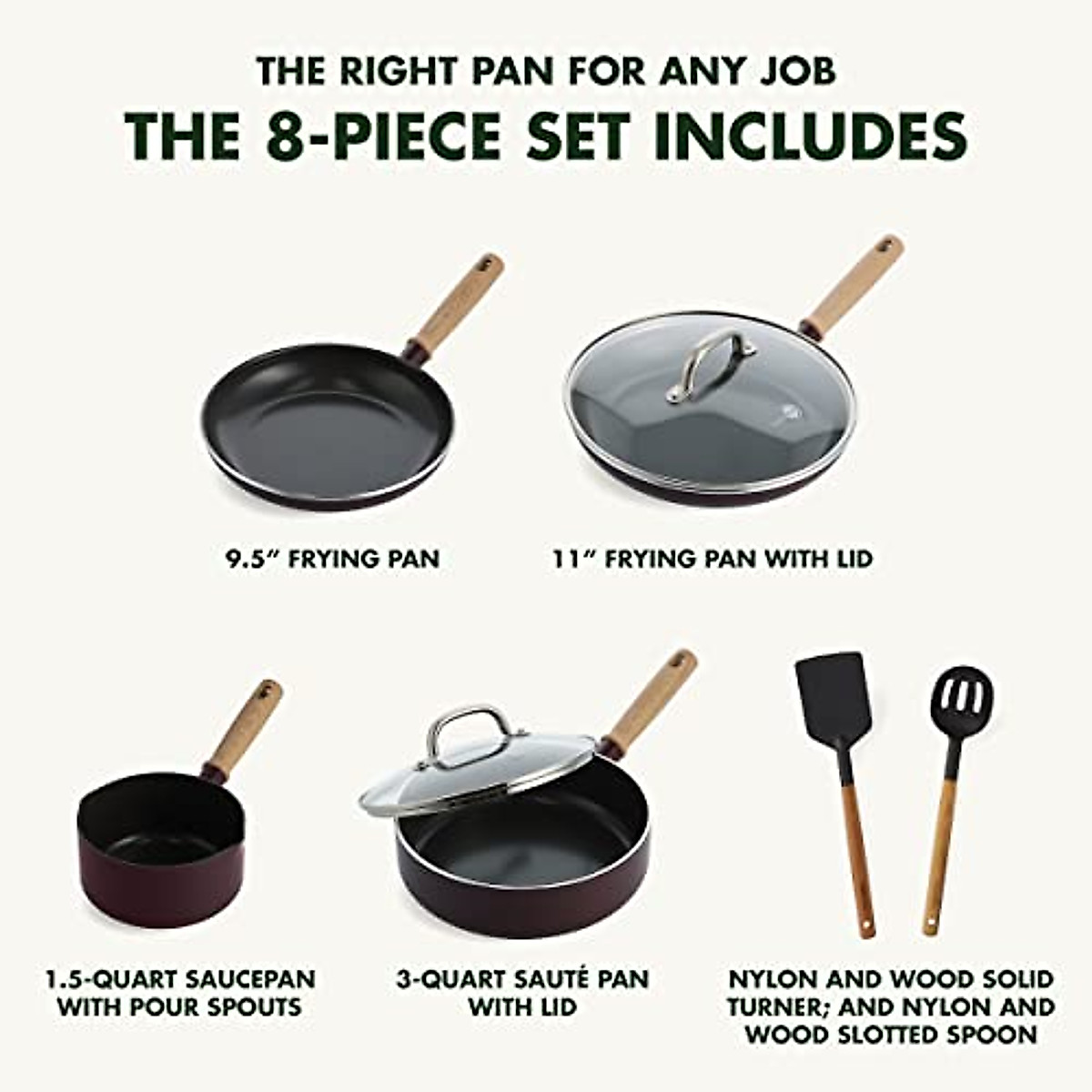GreenPan Hudson Healthy Ceramic Nonstick, 8 Piece Cookware Pots and Pans Set, Vintage Wood Inspired Handle, PFAS-Free, Dishwasher Safe, Merlot Red