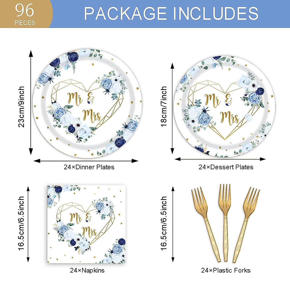 24 Guests Mr and Mrs Bridal Shower Party Supplies, Blue and White Flowers Hearts Geometric Party Plates Napkins Forks Set for Couple Wedding Bride to Be Engagement Party Decorations