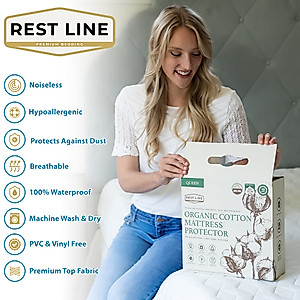 Rest LINE 100% Organic Cotton Mattress Protector. Crib and Cot Cover (28x52in),100% Waterproof,Cooling, Hypoallergenic Cover Stretches 6 to 8 Inch dept and Protects Against Wetting Accidents