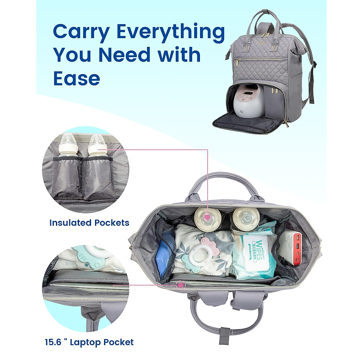 LOVEVOOK Breast Pump Backpack with Cooler Bag, Quilted Breast Pump Bags Fits Spectra S1, S2 Medela, Travel Double Layer Pumping Bag for Working Moms with 15.6" Laptop Pocket, Grey