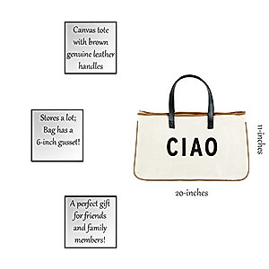 Santa Barbara Design Studio Tote Bag Hold Everything Collection Black and White 100% Cotton Canvas with Genuine Leather Handles, Large, Ciao