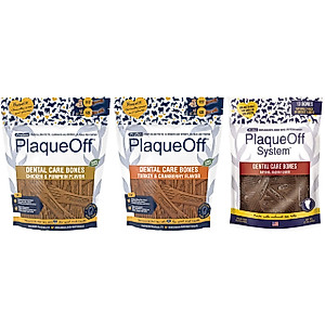 ProDen PlaqueOff 3 Flavor Dental Bone Dog Treat Bundle: Chicken & Pumpkin, Turkey & Cranberry, and Bacon, 17 Ounces Each