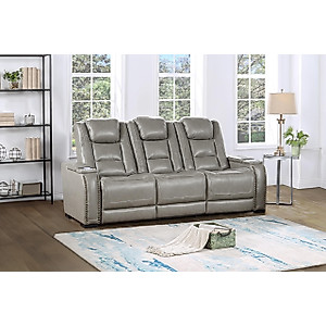 New Classic Furniture Breckenridge Leather Sofa with Power Footrest and Headrest, Light Gray