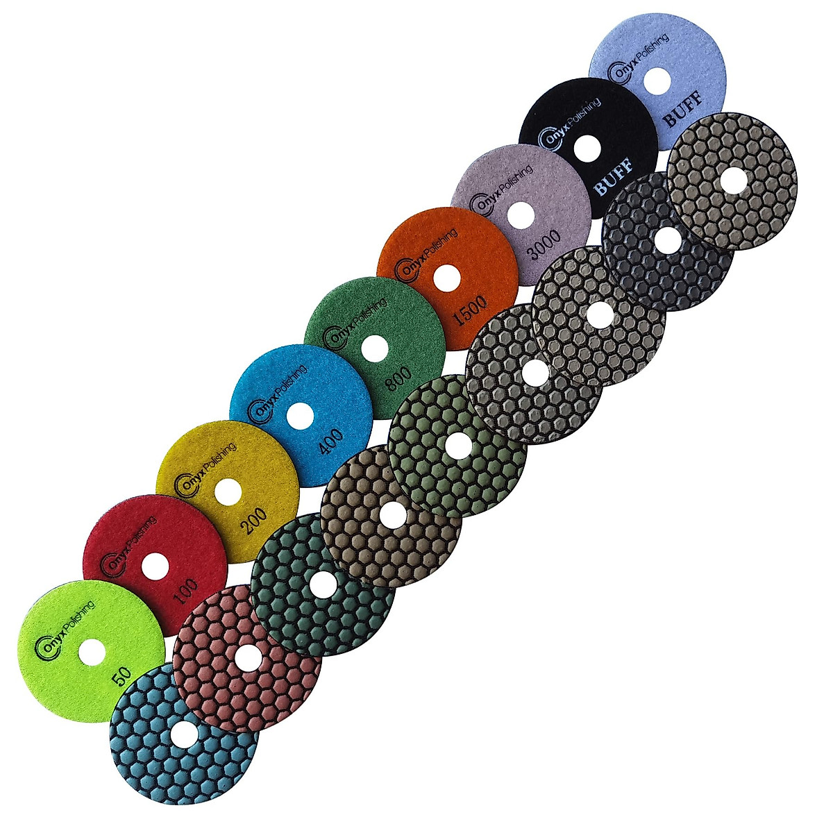 Onyx 9 PCS Dry Diamond Polishing Pads 4 Inch, Grit 50-3000, White Buff, Black Buff, Granite, Marble, Engineered Stone, Concrete, Countertop Polish Pads