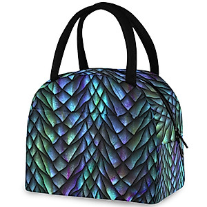 ZzWwR 3d Magic Dragon Scales Reusable Lunch Tote Bag with Front Pocket Zipper Closure Insulated Thermal Cooler Container Bag Work Picnic Travel Beach Fishing
