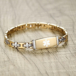 Fashion Lady Stainless steel Medical Alert id Bracelets with Free Engraving (Gold-6.5 in)