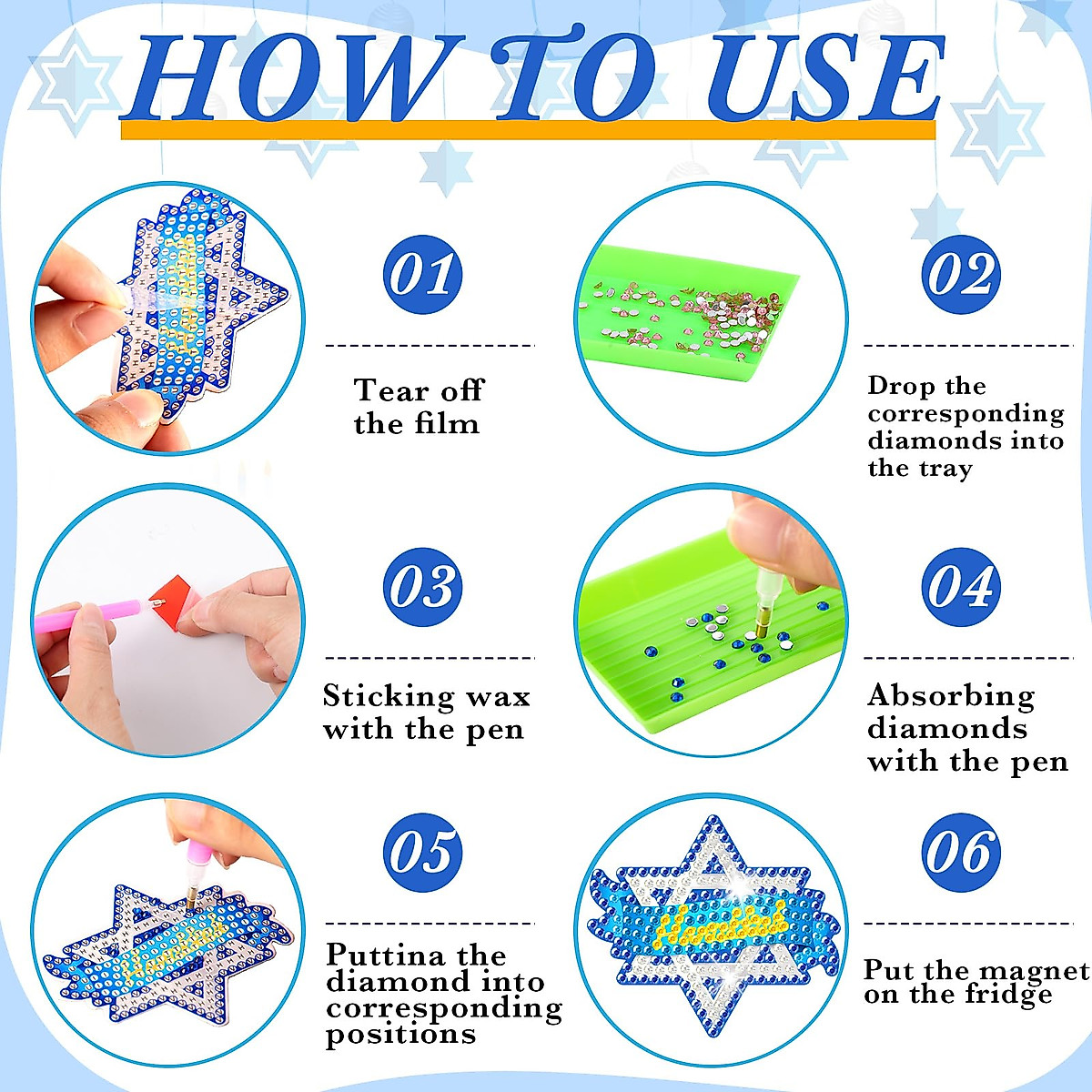 Chapou 24 Pcs Hanukkah Hexagon Diamond Painting Kits for Refrigerator Stickers, Diamond Painting Magnets Refrigerator Diamond Art Craft for Adults Home Decoration