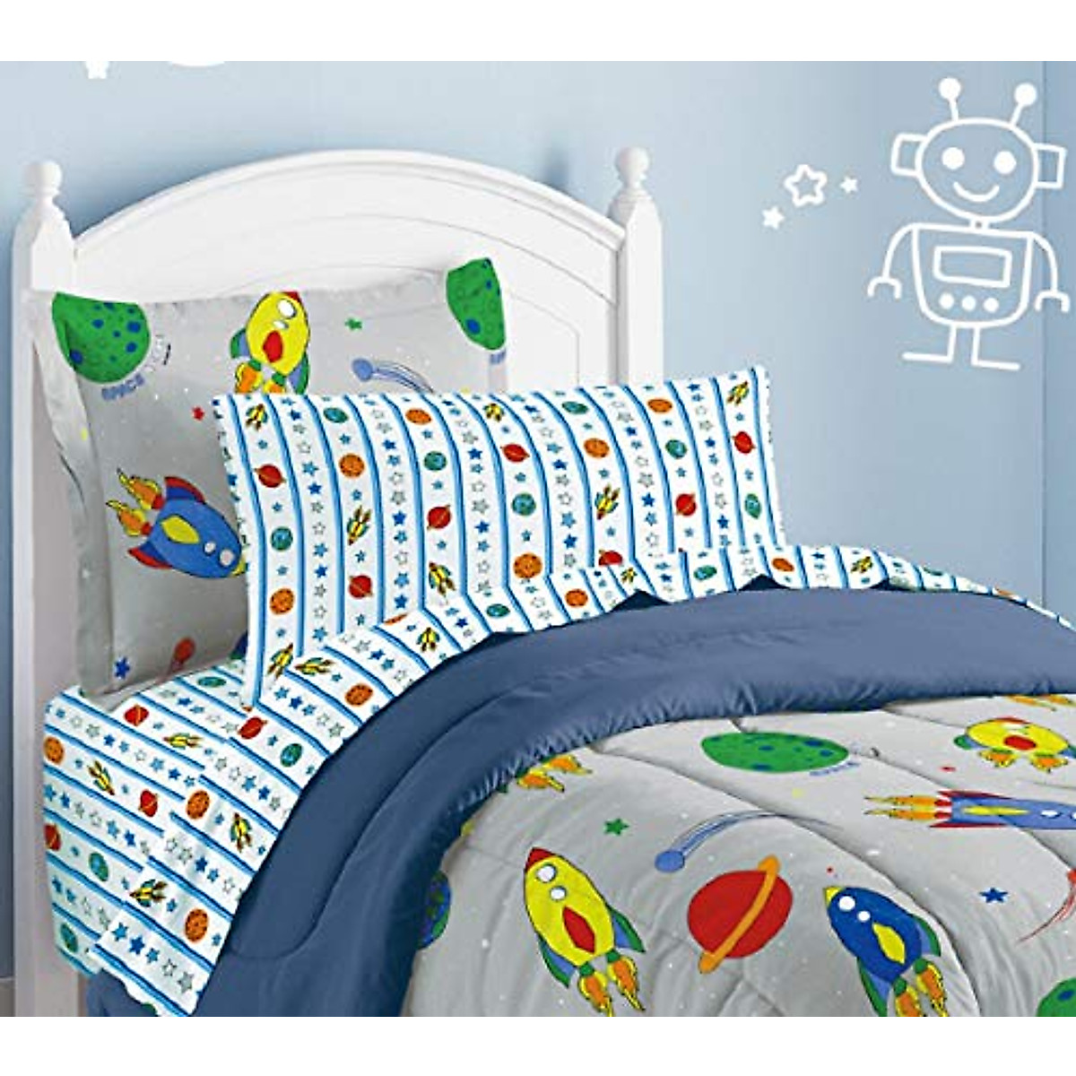 Dream Factory Space Rocket Ultra Soft Microfiber Comforter Set, Multi-Colored, Twin,2A745901MU