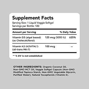 AMANDEAN Vegan Vitamin D3 K2. 5000 iu from Algae. All-Trans MK-7. 120 Softgels. Plant-Based & Carrageenan Free. Organic Coconut Oil Blend. for Mood, Bones, Heart, Teeth, Immune Health.