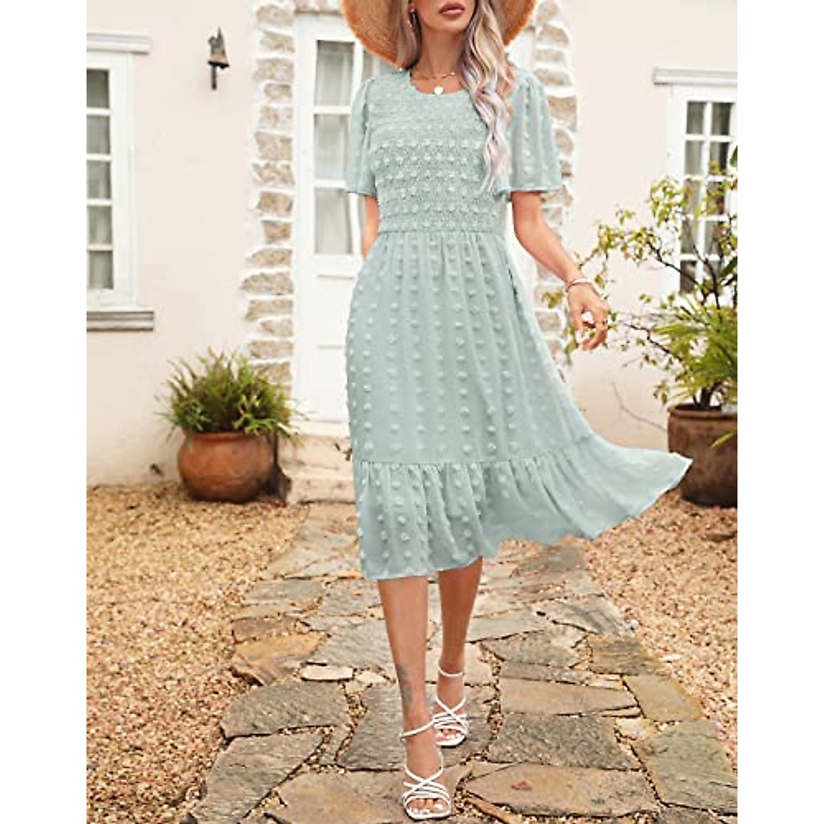 Annebouti Womens Summer Dress 2023 Flutter Short Sleeve Casual Modest Cute Swing Flowy Chiffon Swiss Dot Smocked Midi Dress Solid Light Green L