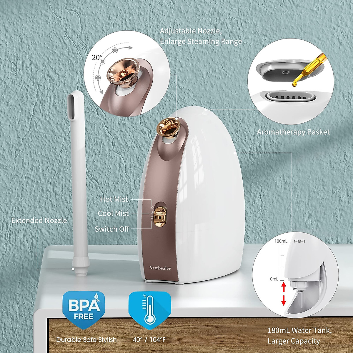 Newbealer Pro Facial Steamer, Hot & Cool Aromatherapy Nano Ionic Steamer with 360° Extended Nozzle, Face Moisturizing Deep Cleaning, Portable for Home Spa, 9-Piece Acne Set and Face Brush