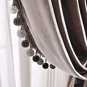 Melodieux Set of 2 Pom Pom Velvet Blackout Lined Thermal Insulated Rod Pocket Curtains for Bedroom, 52x84 Inch, Dusty Pink (1 Pair)
