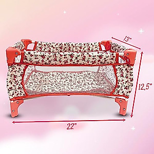 Baby Doll Crib Set for Little Girls, Play Crib Baby Doll Bed, Baby Doll Pack and Play Baby Doll Beds for 18 inch Dolls, Toy Baby Crib for Dolls, Toy Crib for Baby Doll, (Floral)