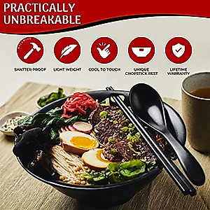 ELLISSIO Ramen Bowl Set - 2 Large Japanese Style Noodle Bowls With 2 Spoons & 2 Sets of Chopsticks For Ramen, Pho and Udon Soup - Black Melamine - Best For Authentic Asian Dining Experience At Home